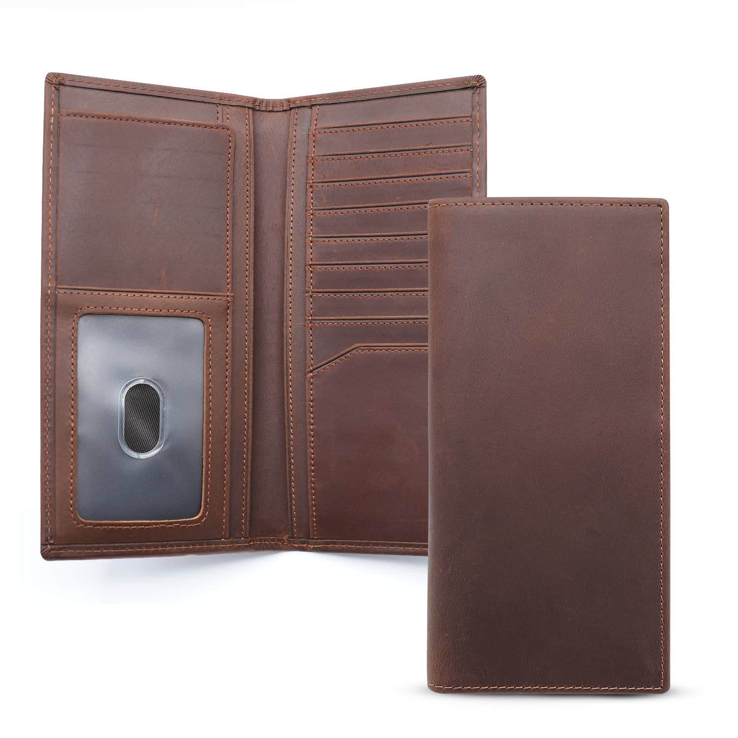 Genuine Leather Bifold Wallet Long Wallets for Men Women: Dark Brown ...